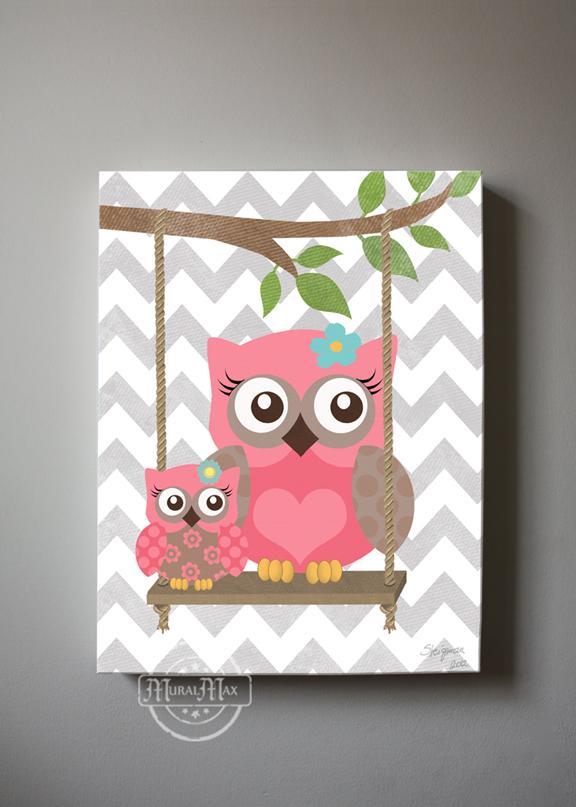 Owl Baby Girl Nursery Wall Art Chevron Owl Canvas Art - Whimsical Owl ...